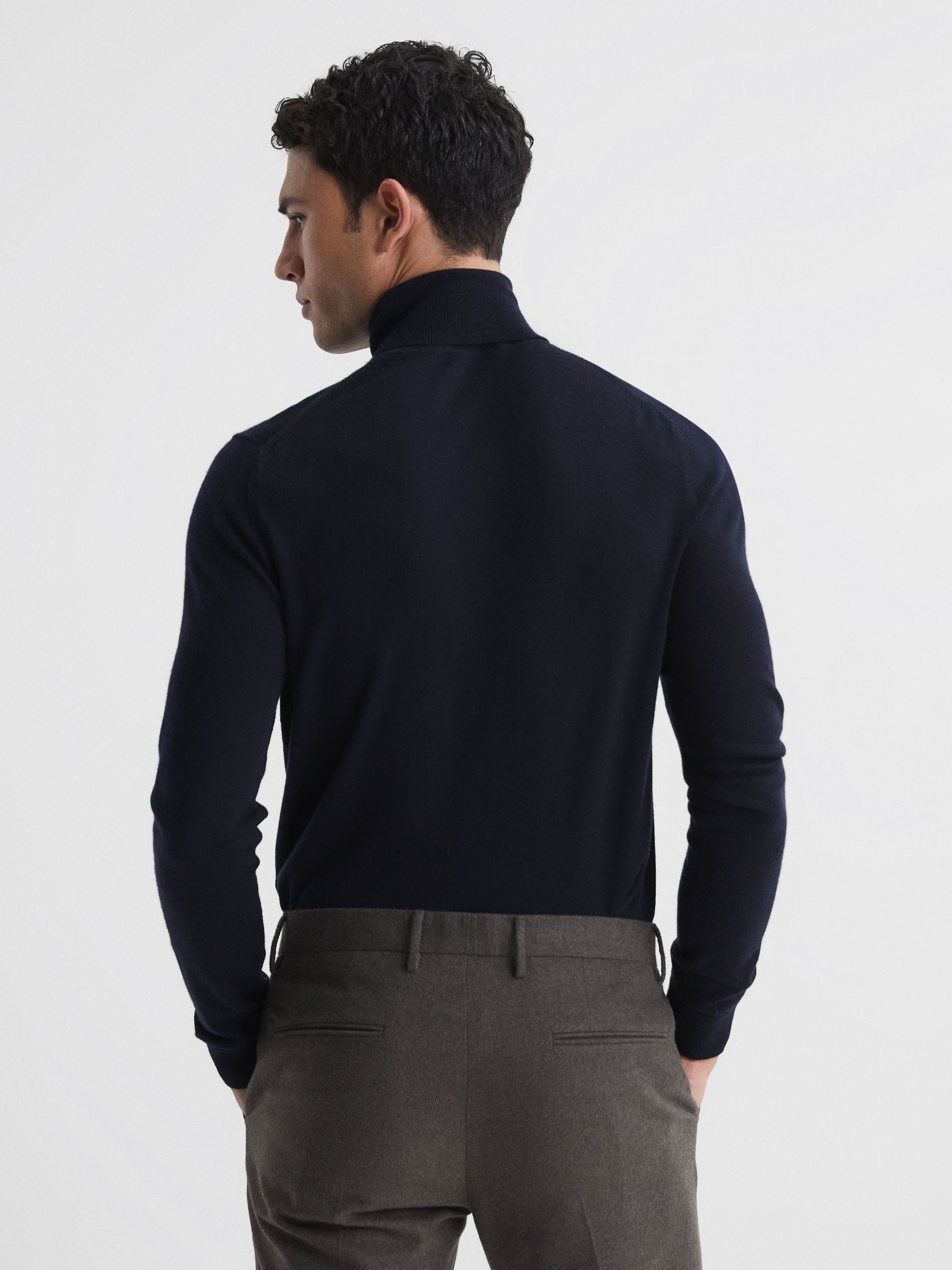Slim Fit Merino Wool Roll Neck Jumper in Navy - REISS