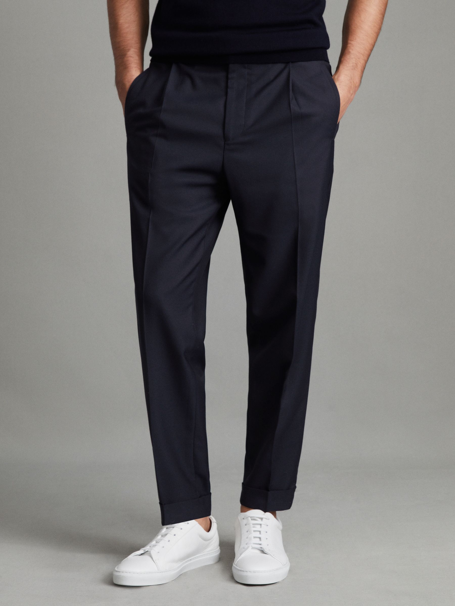 Relaxed Drawstring Trousers with Turn-Ups in Navy - REISS