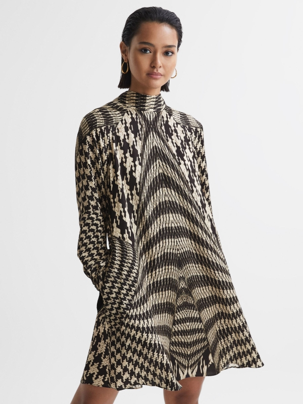 Dogtooth Mini Dress in Black/White - REISS