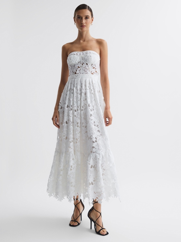 Leo Lin Bustier Lace Midi Dress in Snow - REISS
