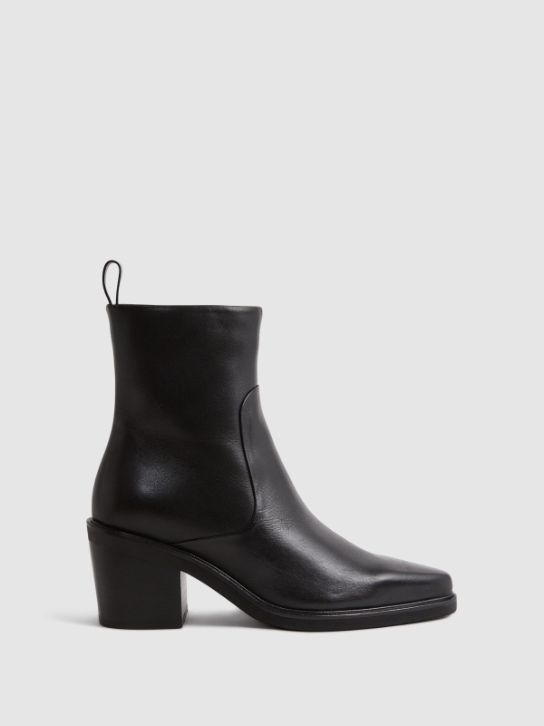Leather Heeled Western Boots in Black - REISS