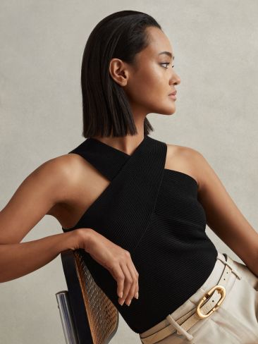 Ribbed Cross-Over Vest in Black - REISS