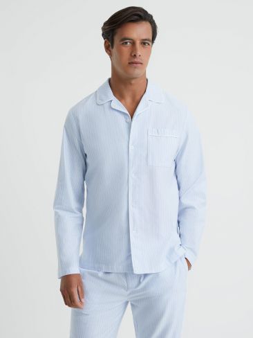 Striped Cotton Button-Through Pyjama Shirt in Blue/White - REISS