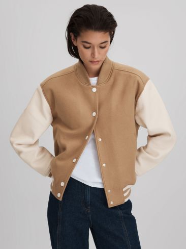 Premium Wool Blend Bomber Jacket in Camel/Cream - REISS