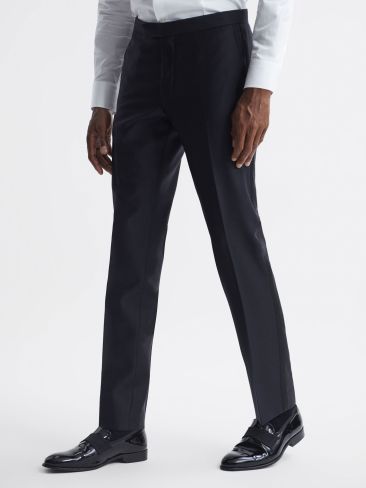 Oscar Jacobson Slim Fit Wool Blend Trousers in Navy - REISS