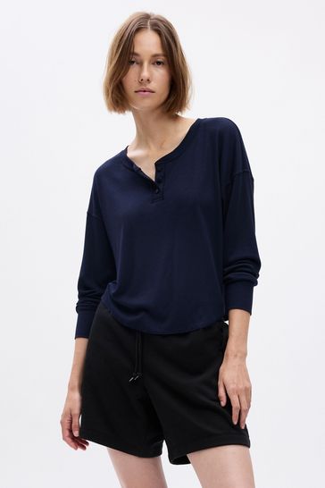 Buy Blue Ribbed Henley Long Sleeve Pyjama Top from the Gap online shop