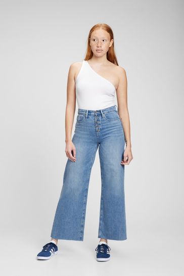 Buy Mid Wash Blue High Waisted Raw Hem Wide Leg Jeans from the Gap ...