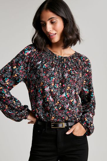 Buy Joules Lucy Black Gathered Neckline Top from the Joules online shop