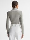 Metallic Ribbed Mesh Panel Funnel Neck Top in Silver - REISS