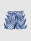 Reiss | Ché Printed Drawstring Swim Shorts in Bright Blue/White - REISS
