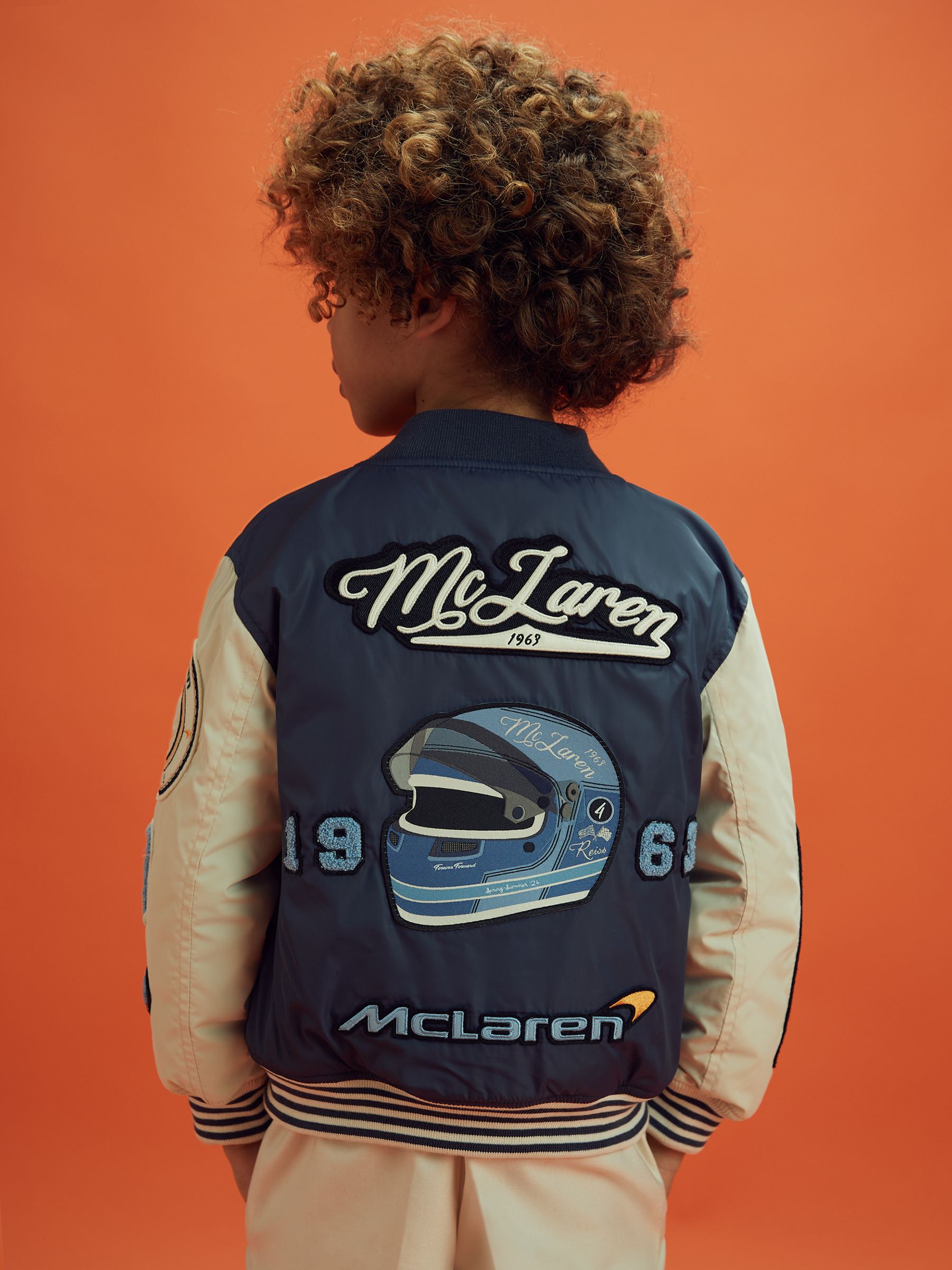 Junior McLaren F1 Patch Varsity Bomber Jacket in Airforce Blue/Ecru - REISS