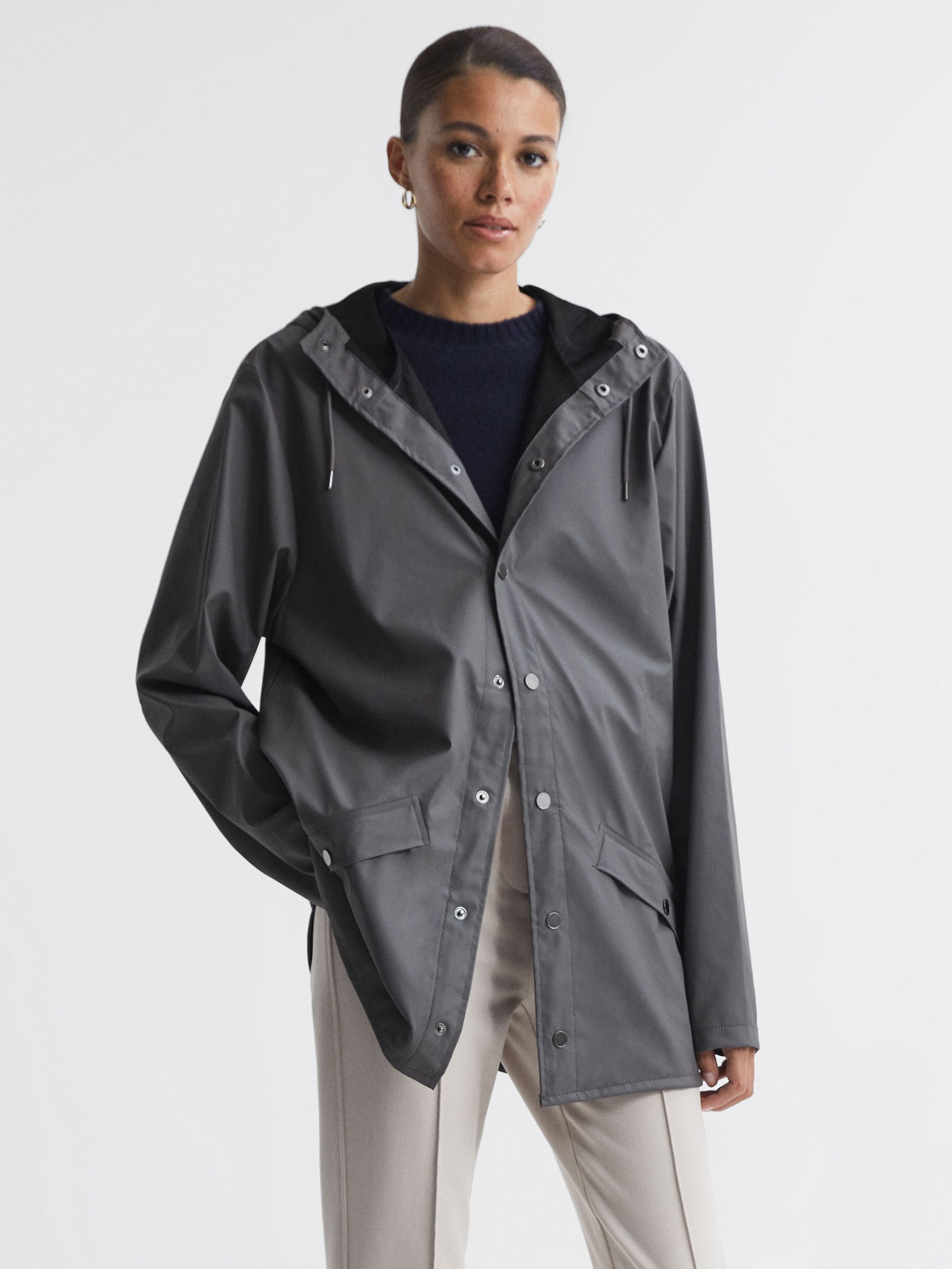 Rains Unisex Hooded Raincoat Jacket in Grey - REISS