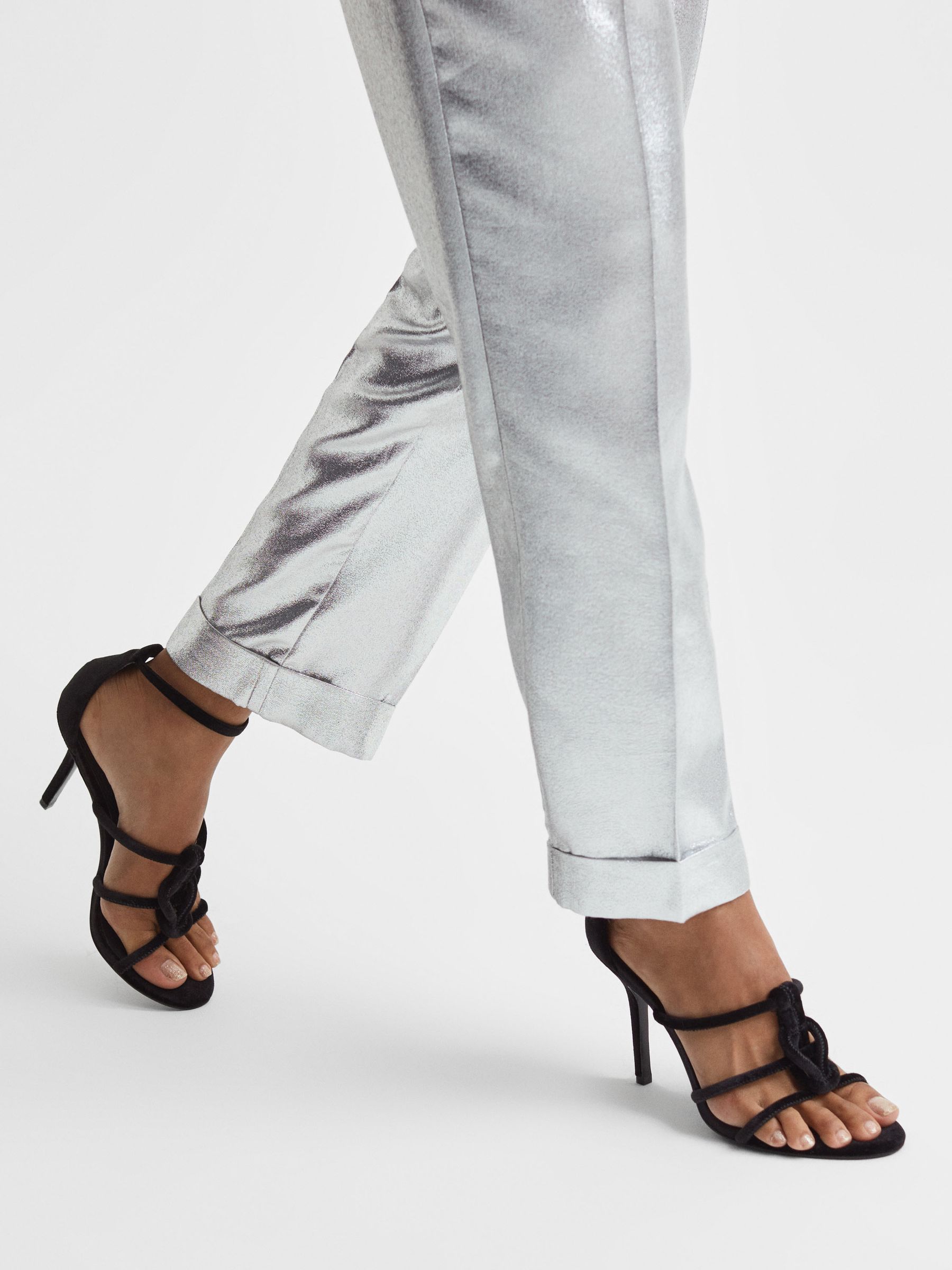 Velour Strappy Open-Toe Heels in Black - REISS