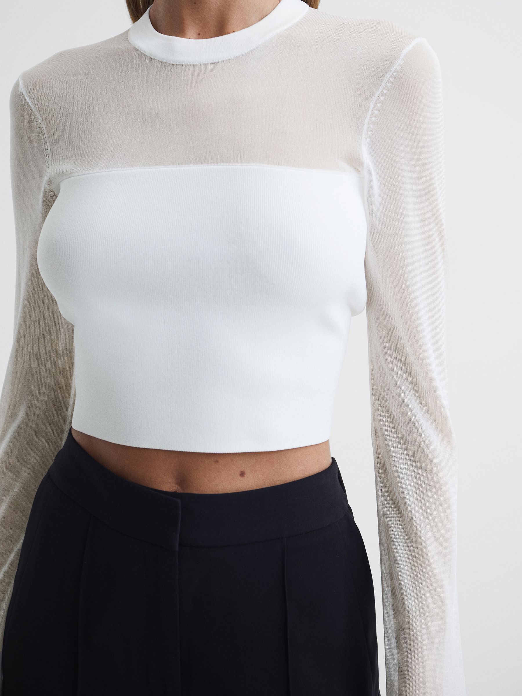 Sheer Block Crop Top in Ivory - REISS