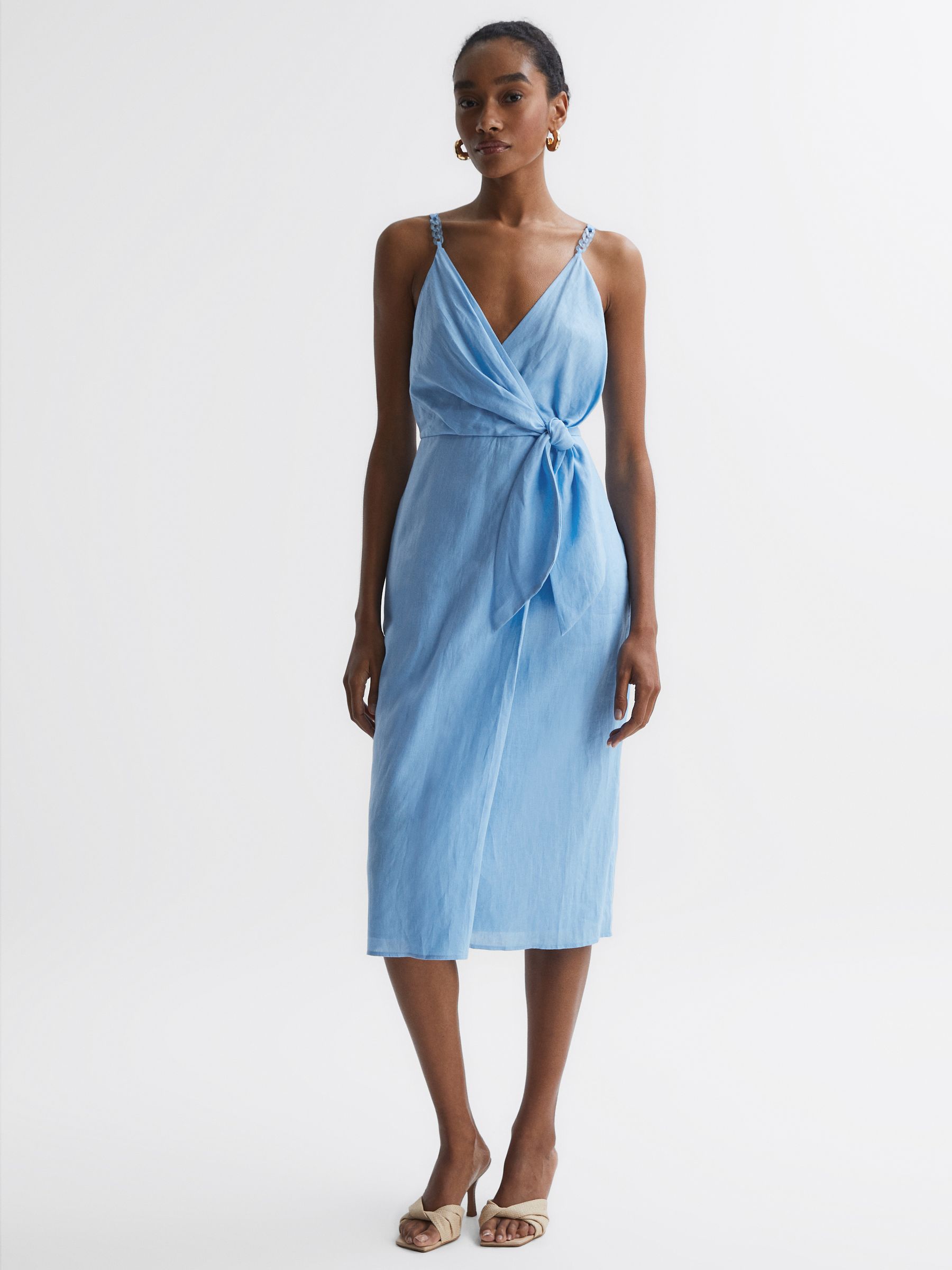 Linen Side Tie Midi Dress in Blue - REISS