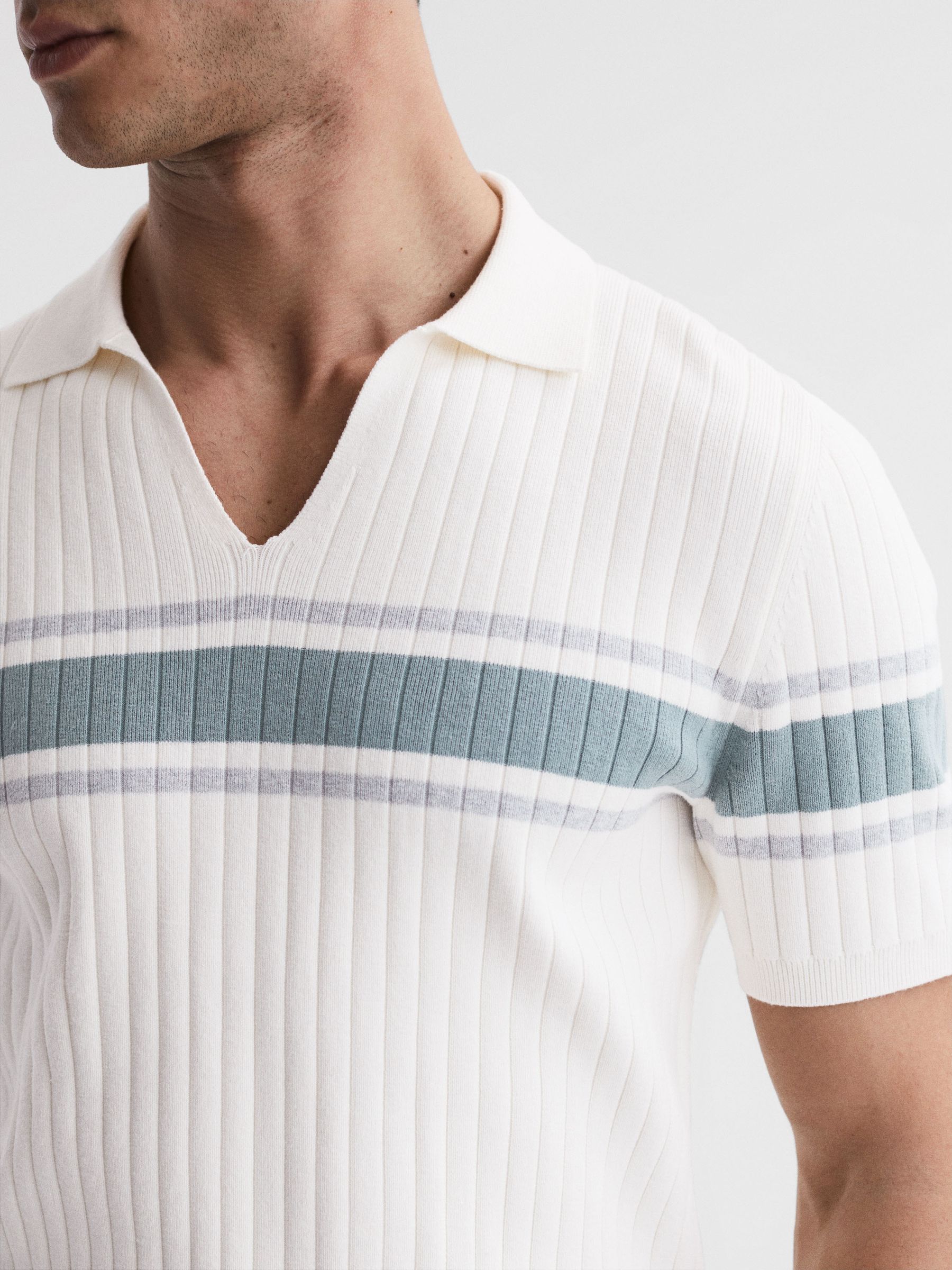 Slim Fit Ribbed Open Collar Shirt in Off White - REISS