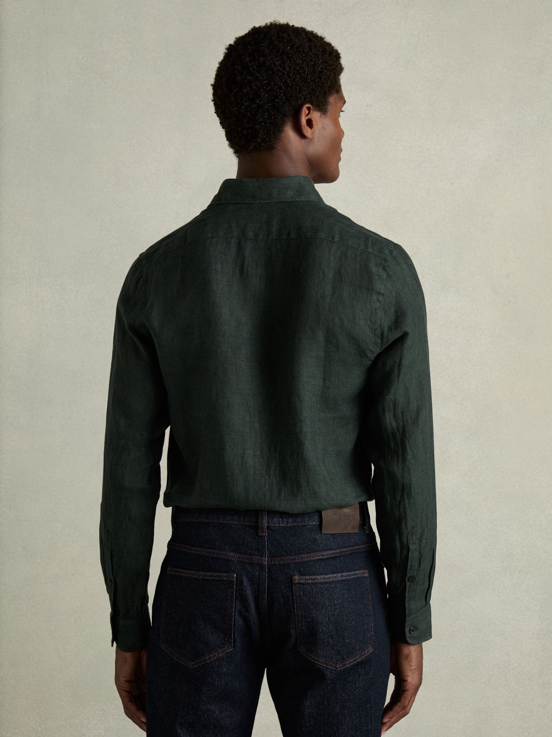 Linen Button-Through Shirt in Dark Green - REISS