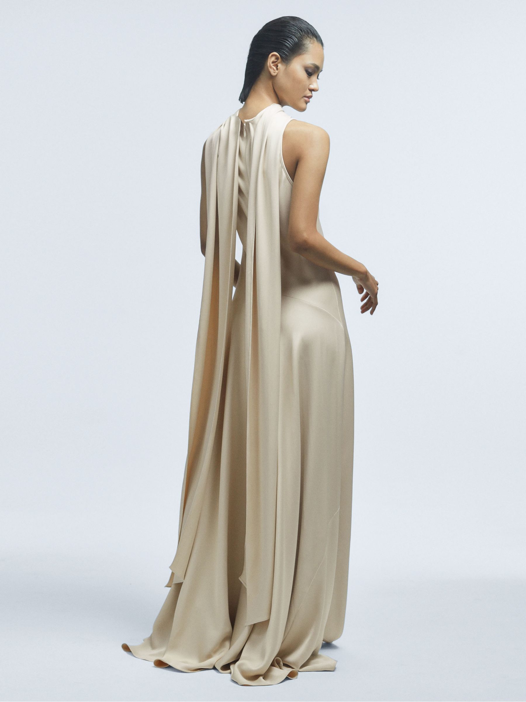 Atelier Duchess Satin Cape Maxi Dress in Champagne - REISS
