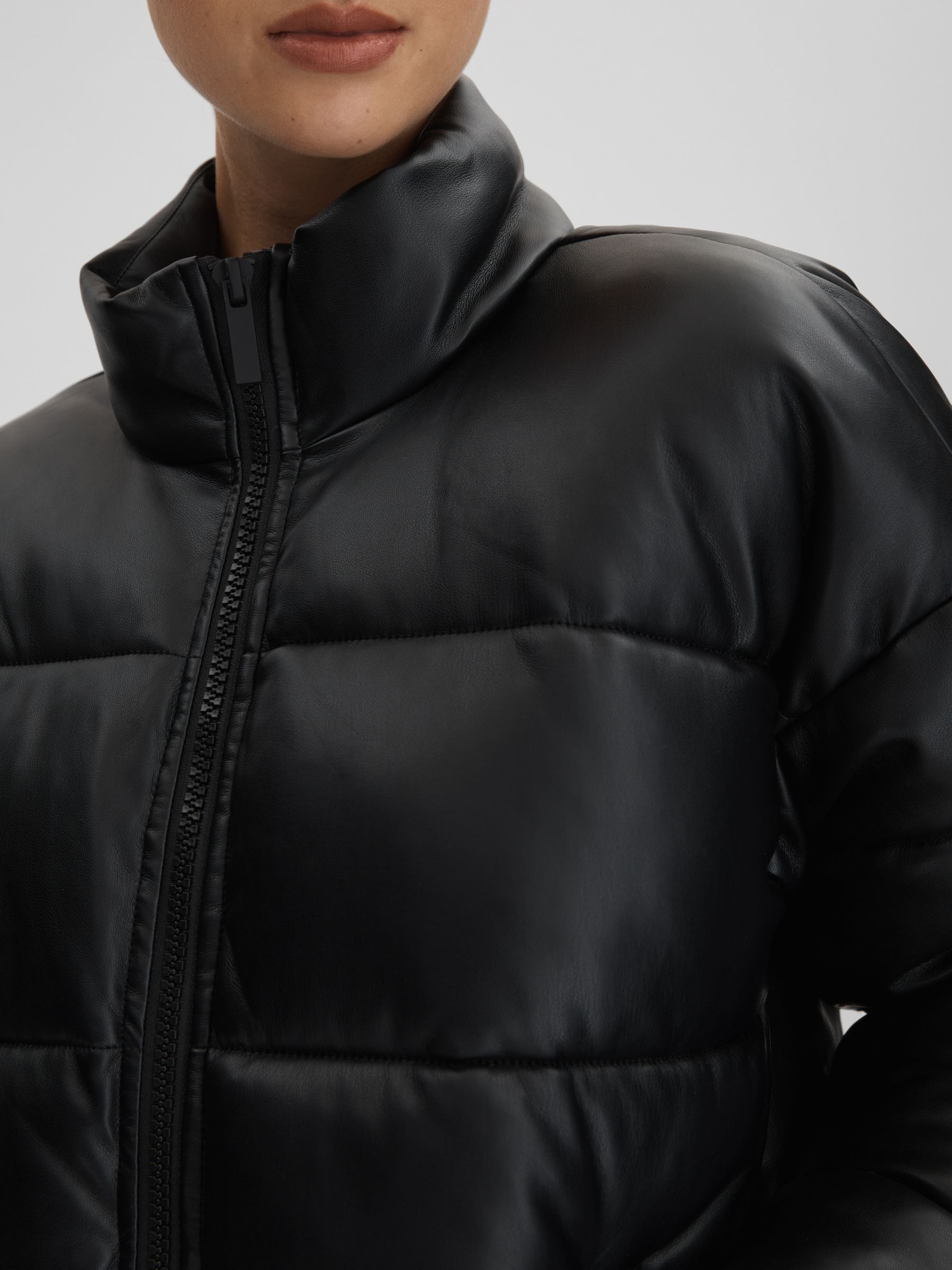 Good American Faux Leather Puffer Jacket in Black - REISS