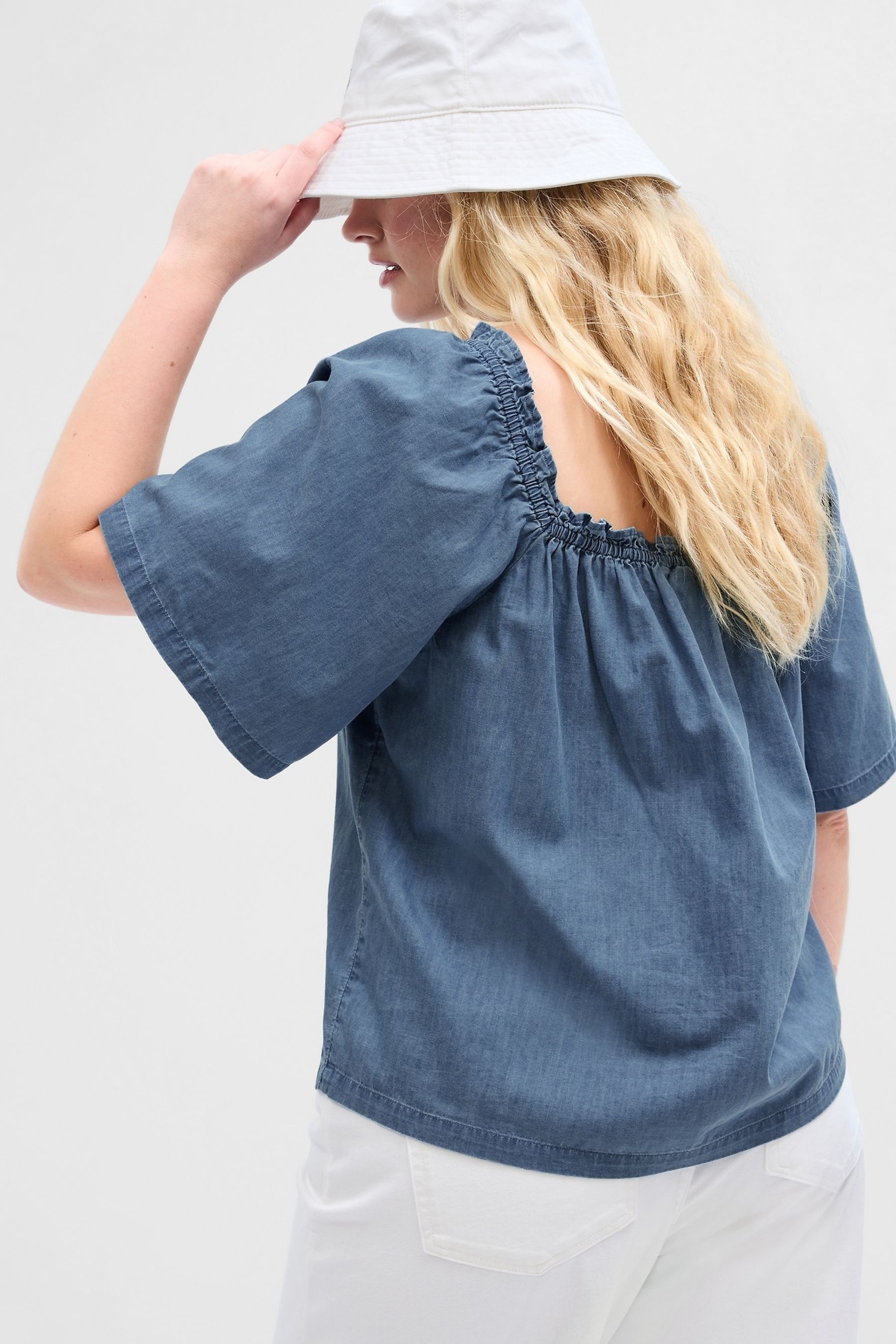 Buy Gap Oversized Denim Square Neck Puff Sleeve Top from the Gap online ...