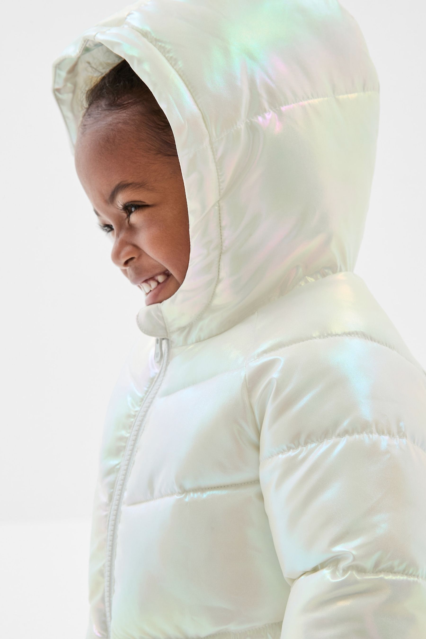 Buy White Iridescent Water Resistant Cold Control Quilted Puffer Coat ...