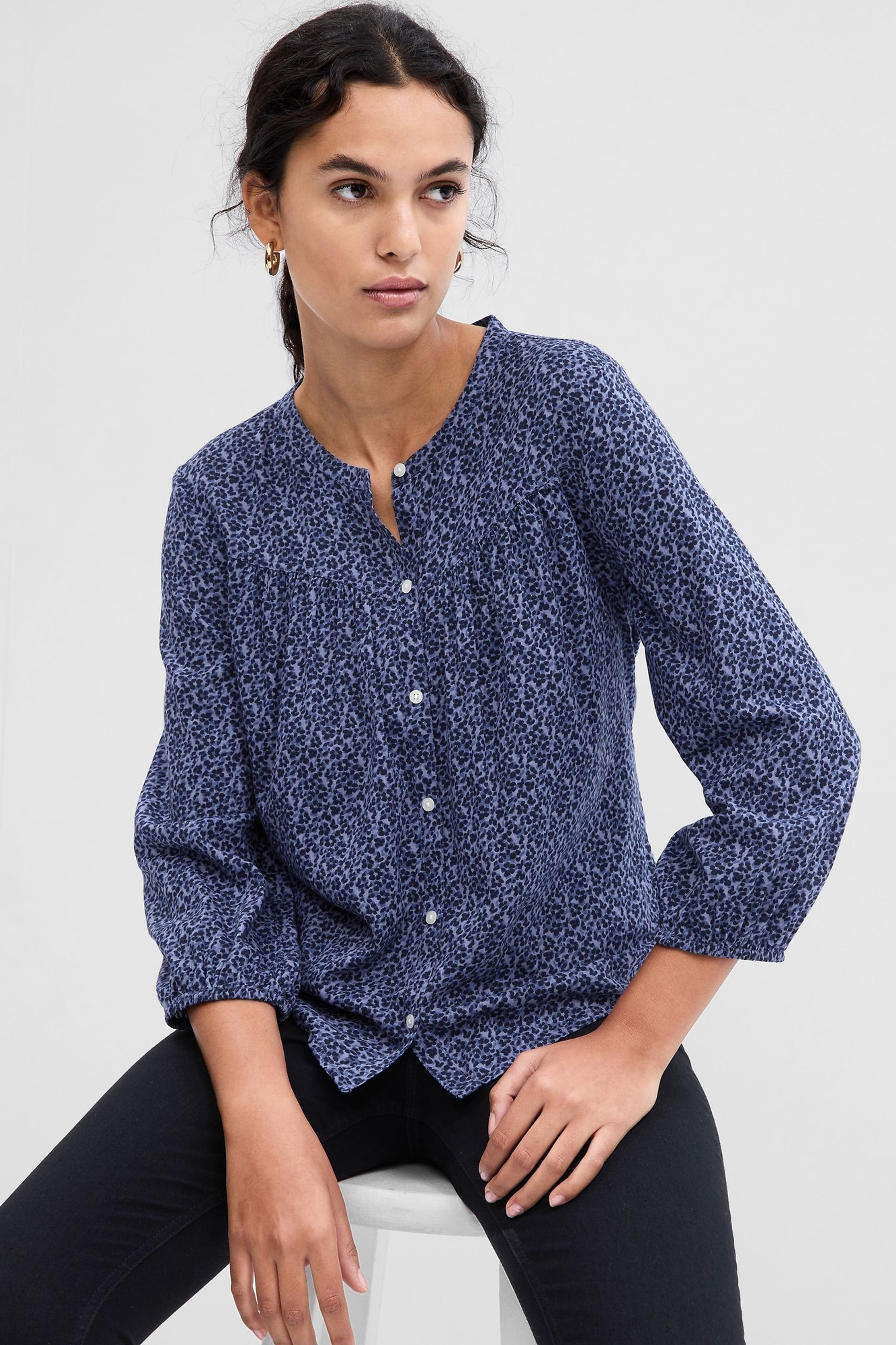 Buy Blue Leopard Print Button Front Long Sleeve Blouse from the Gap ...
