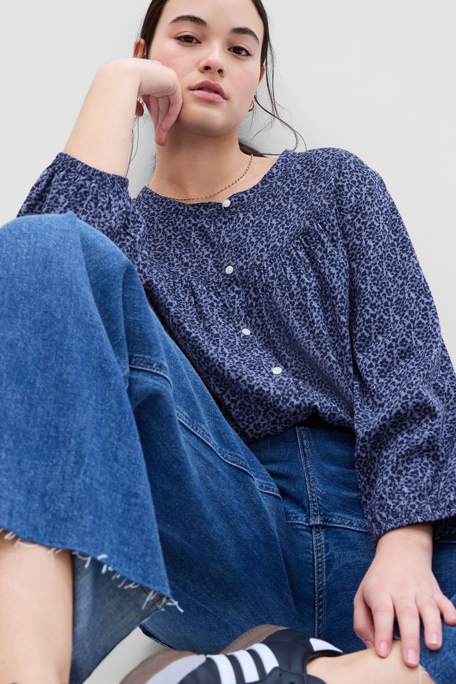 Buy Blue Leopard Print Button Front Long Sleeve Blouse from the Gap ...
