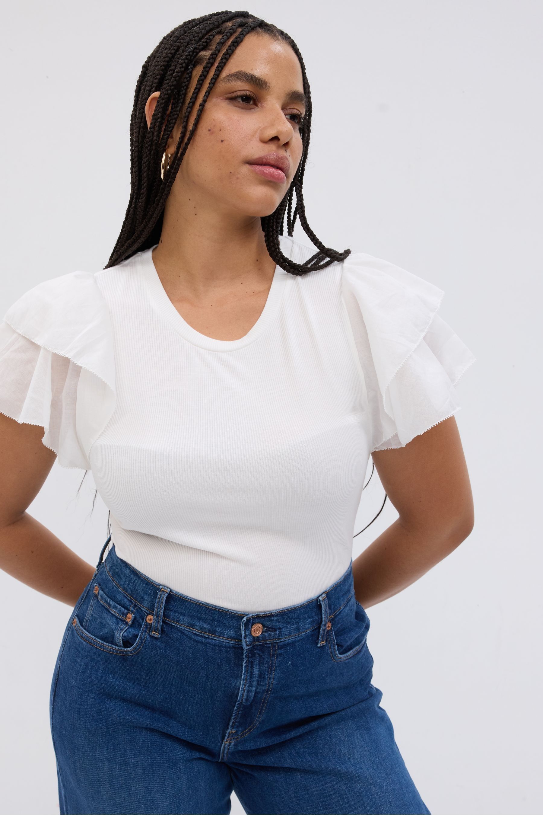 Buy Gap Ruffle Sleeve Ribbed Crew Neck T-Shirt from the Gap online shop