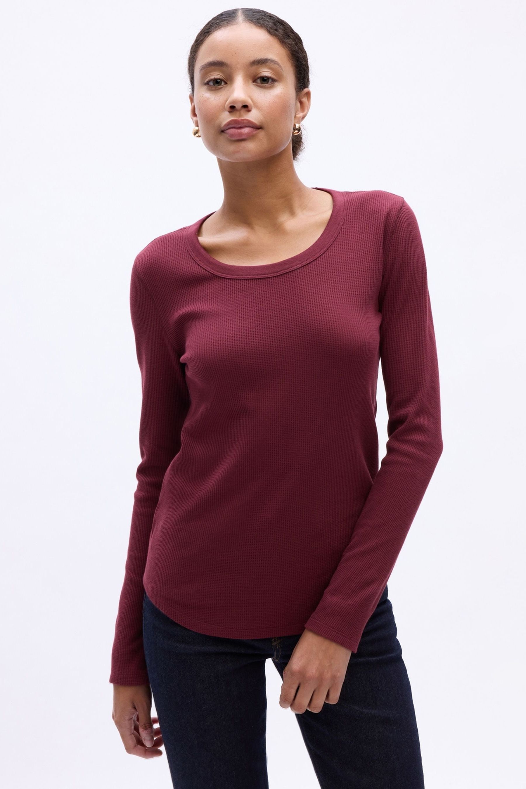 Buy Red Waffle-Knit Crew Neck Long Sleeve T-Shirt from the Gap online shop