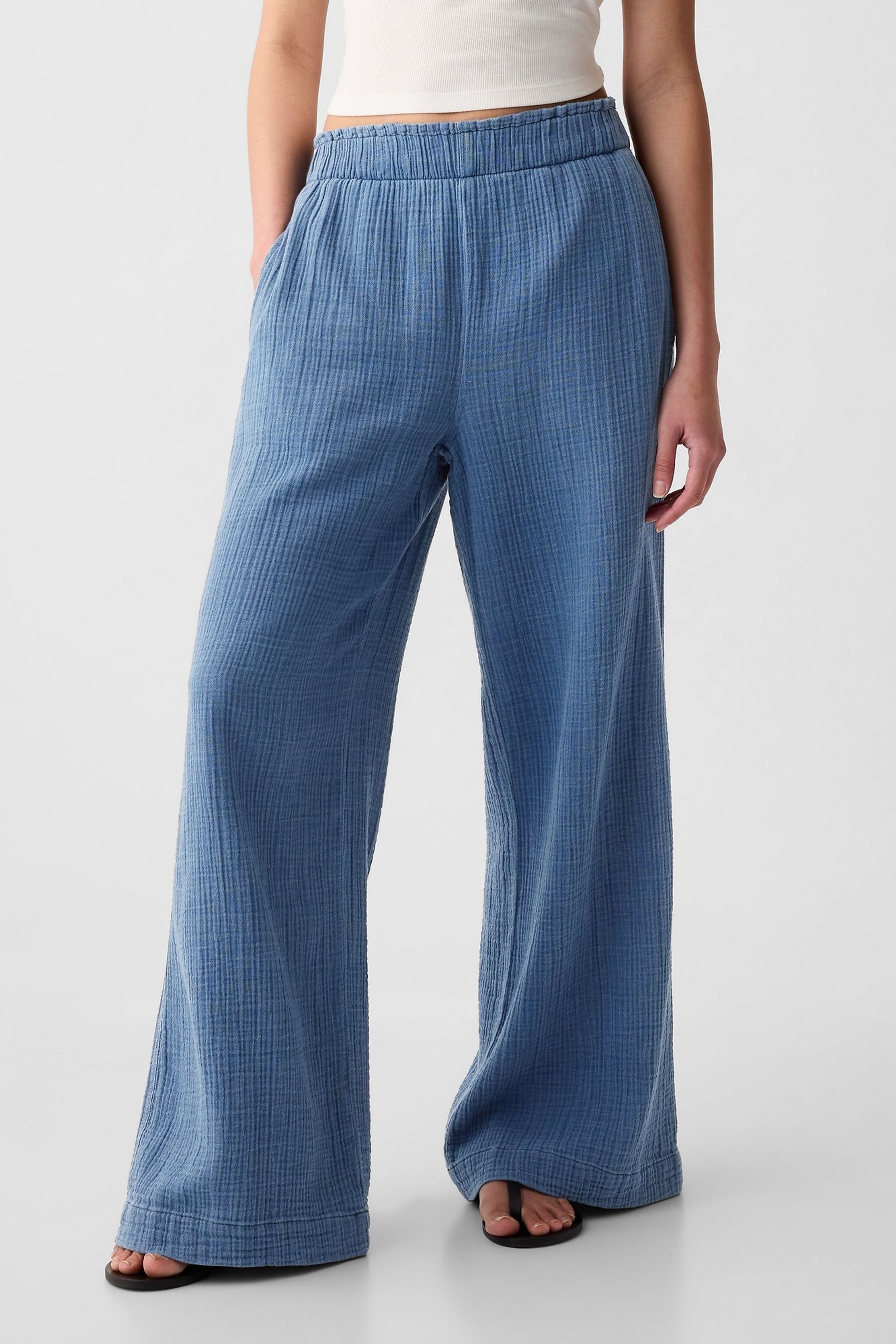 Buy Blue Crinkle Cotton Wide Leg Pull On Trouser from the Gap online shop