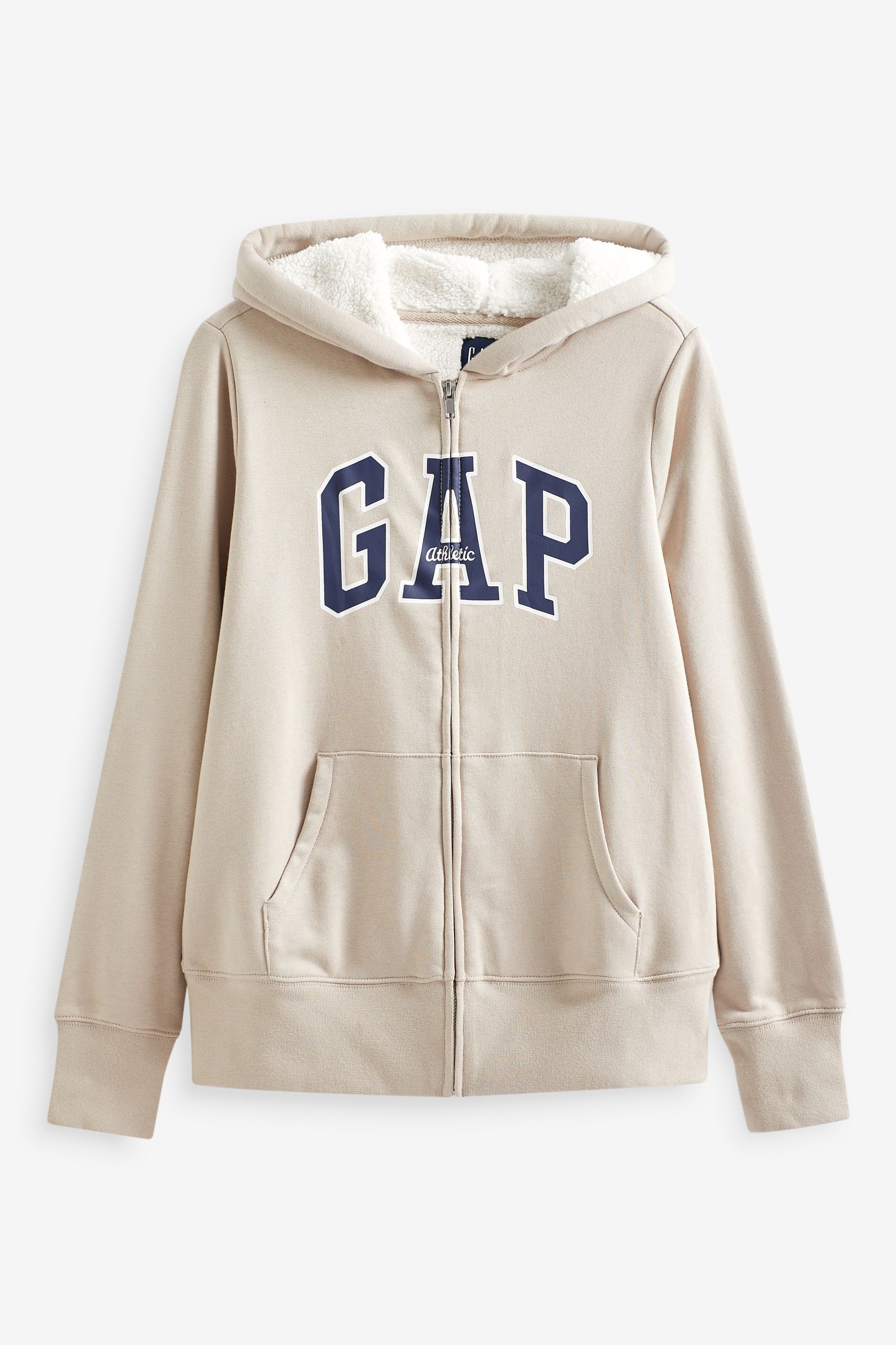 Buy Cream and Navy Blue Logo Zip Up Sherpa Lined Hoodie from the Gap online shop