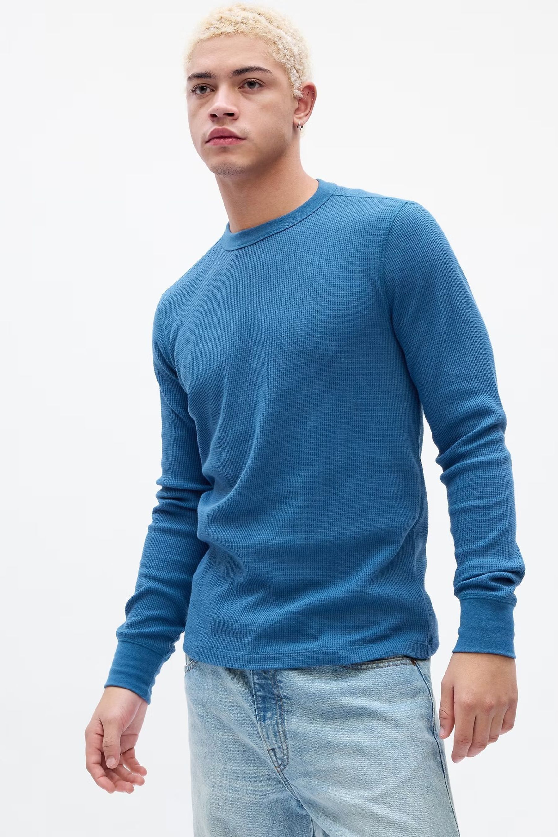 Buy Blue Waffle Knit Crew Neck Long Sleeve T-Shirt from the Gap online shop