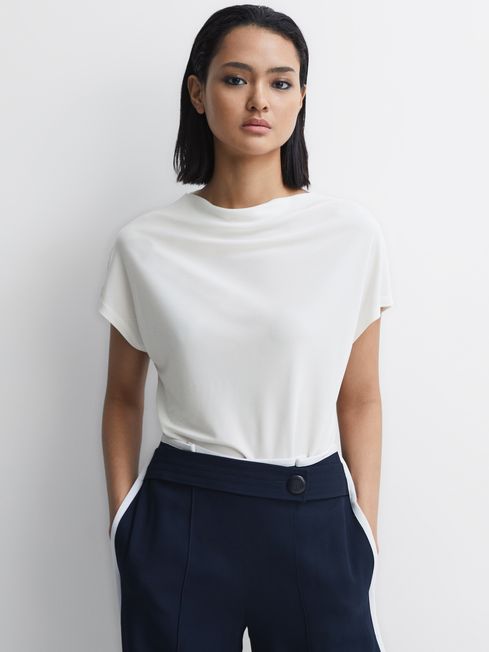 High Neck Jersey Top in Cream - REISS