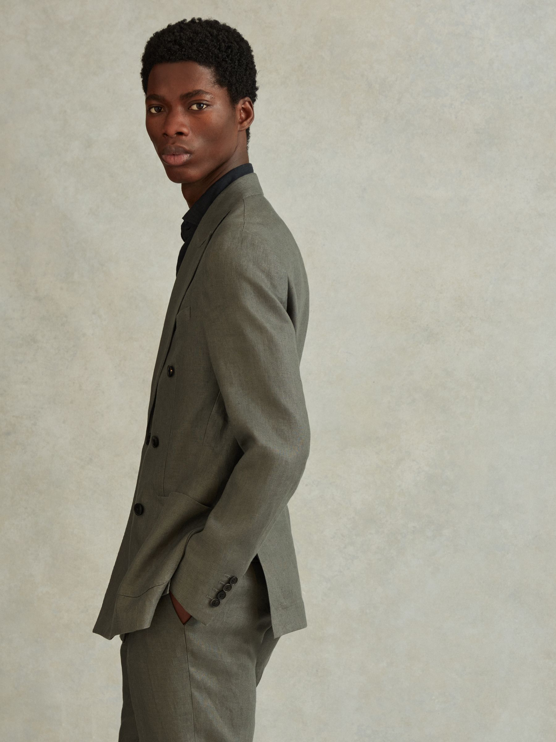 Reiss Linen Double Breasted Blazer in Dark Sage - REISS