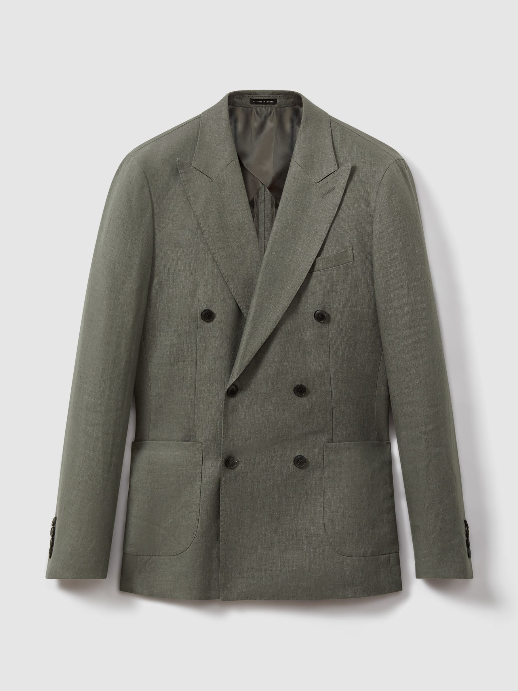 Reiss Linen Double Breasted Blazer in Dark Sage - REISS