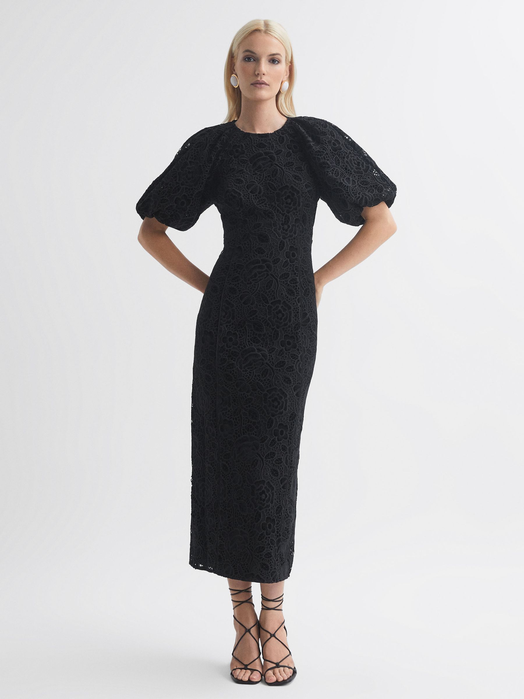 Reiss Florere Velvet Lace Puff Sleeve Midi Dress in Black - REISS