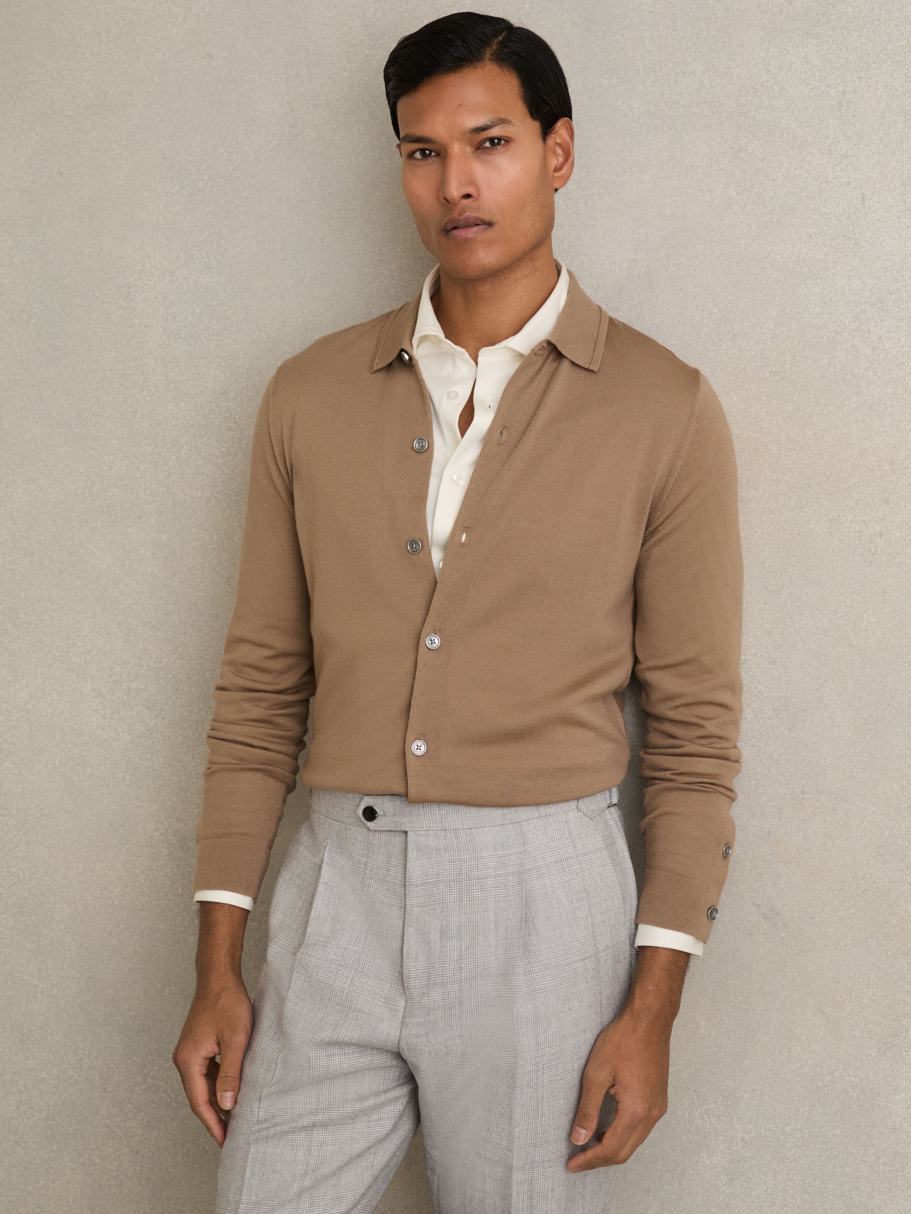 Reiss Merino Wool Button-Through Cardigan in Camel - REISS