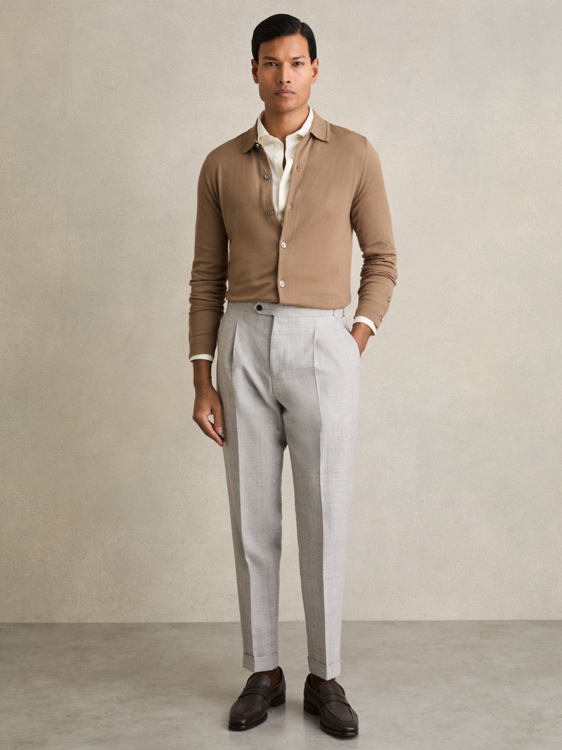 Reiss Merino Wool Button-Through Cardigan in Camel - REISS