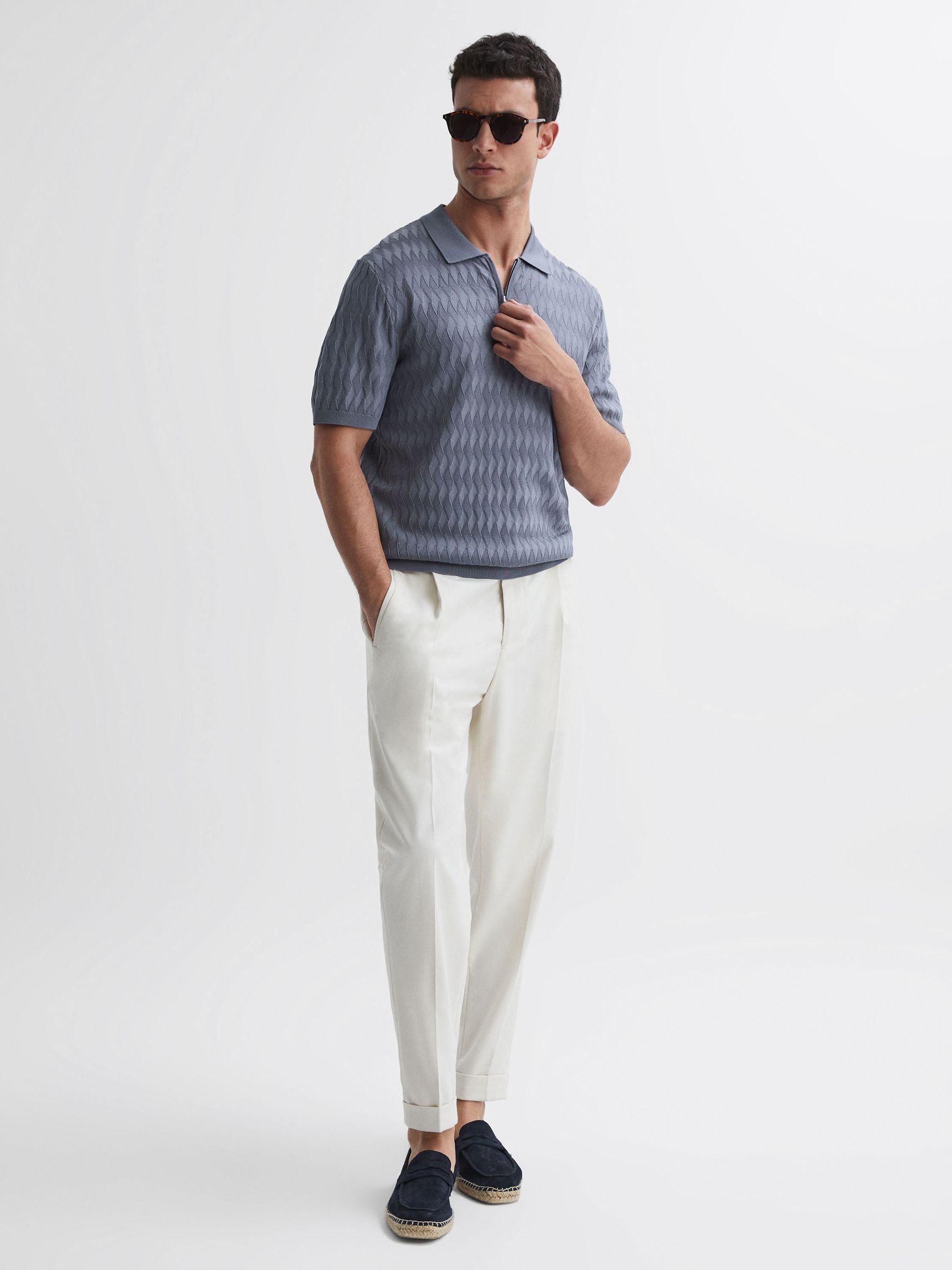 Reiss Reiss | Ché Textured Half-Zip Polo Shirt in Airforce Blue - REISS