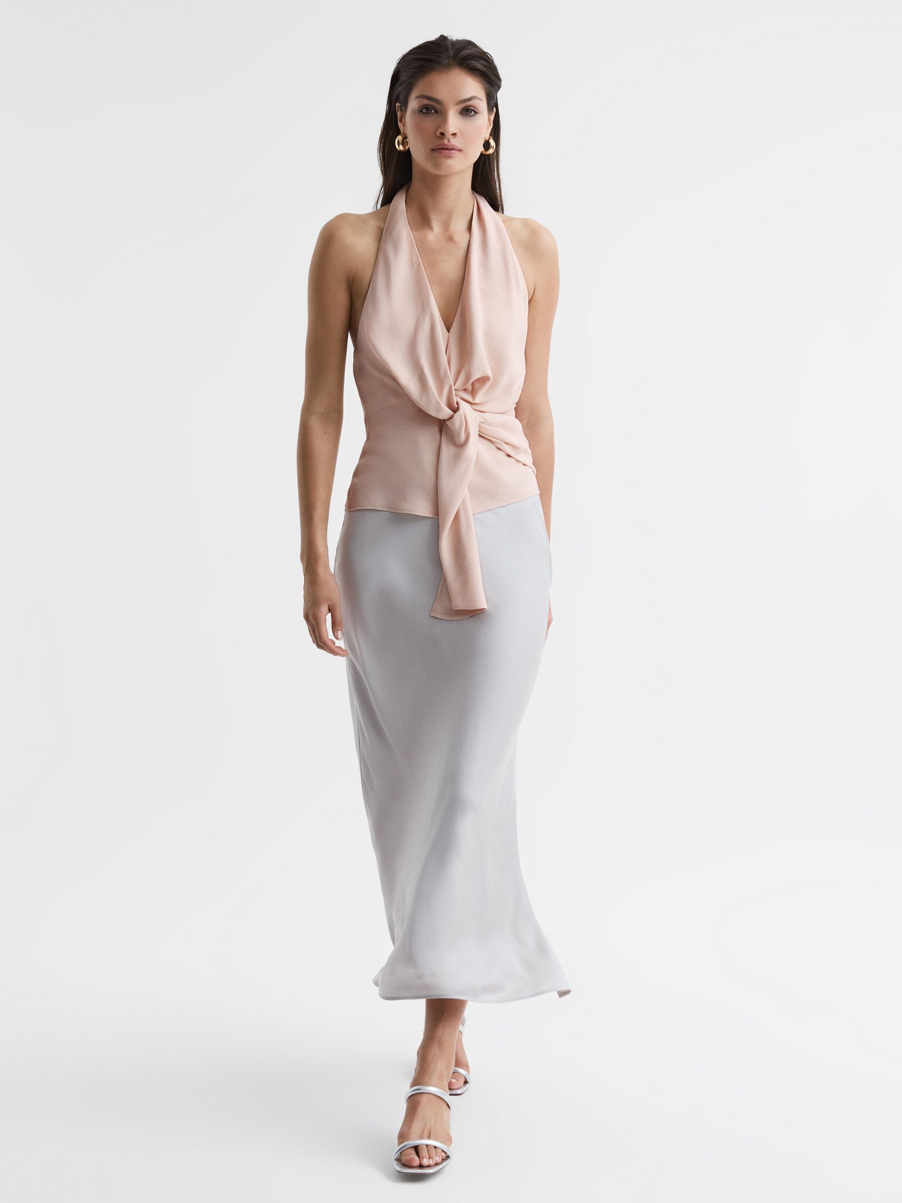 Reiss Tie Halter Neck Blouse in Nude - REISS