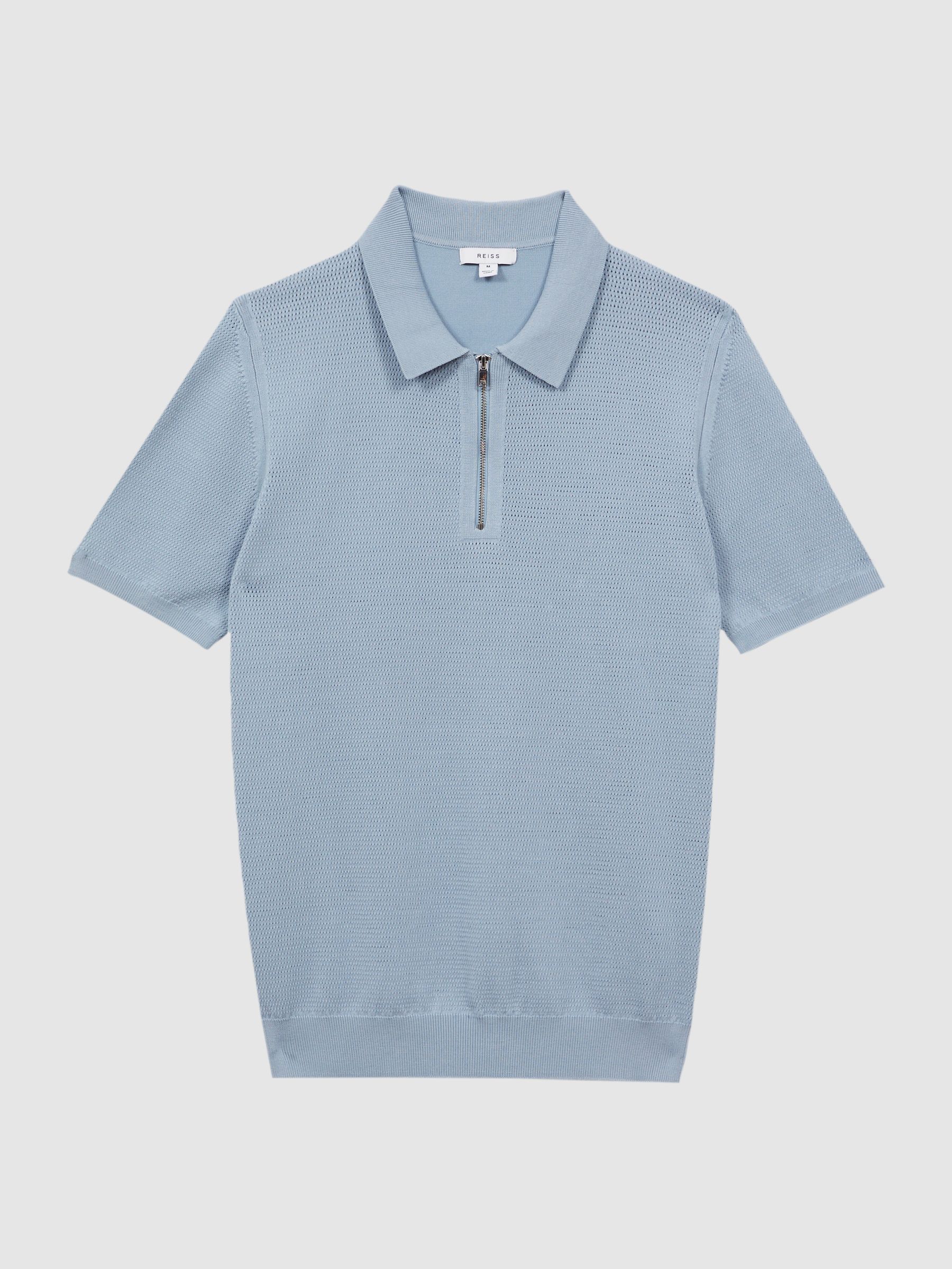 Reiss Knitted Half-Zip Polo T-Shirt in Soft Blue - REISS