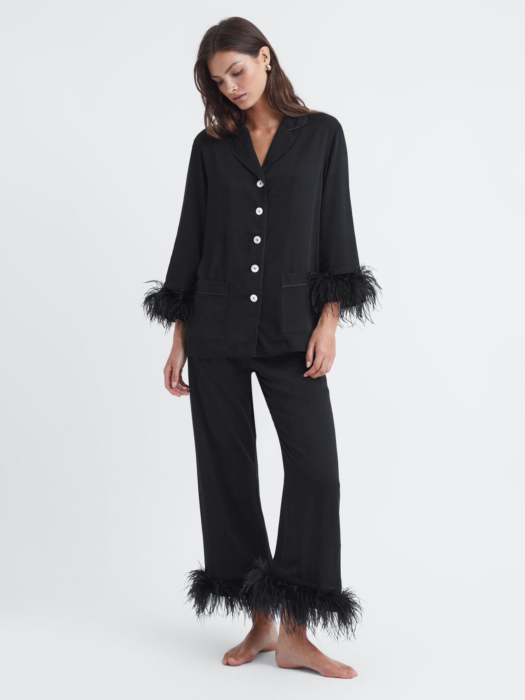 Reiss Sleeper Detachable Feather Pyjama Set in Black - REISS
