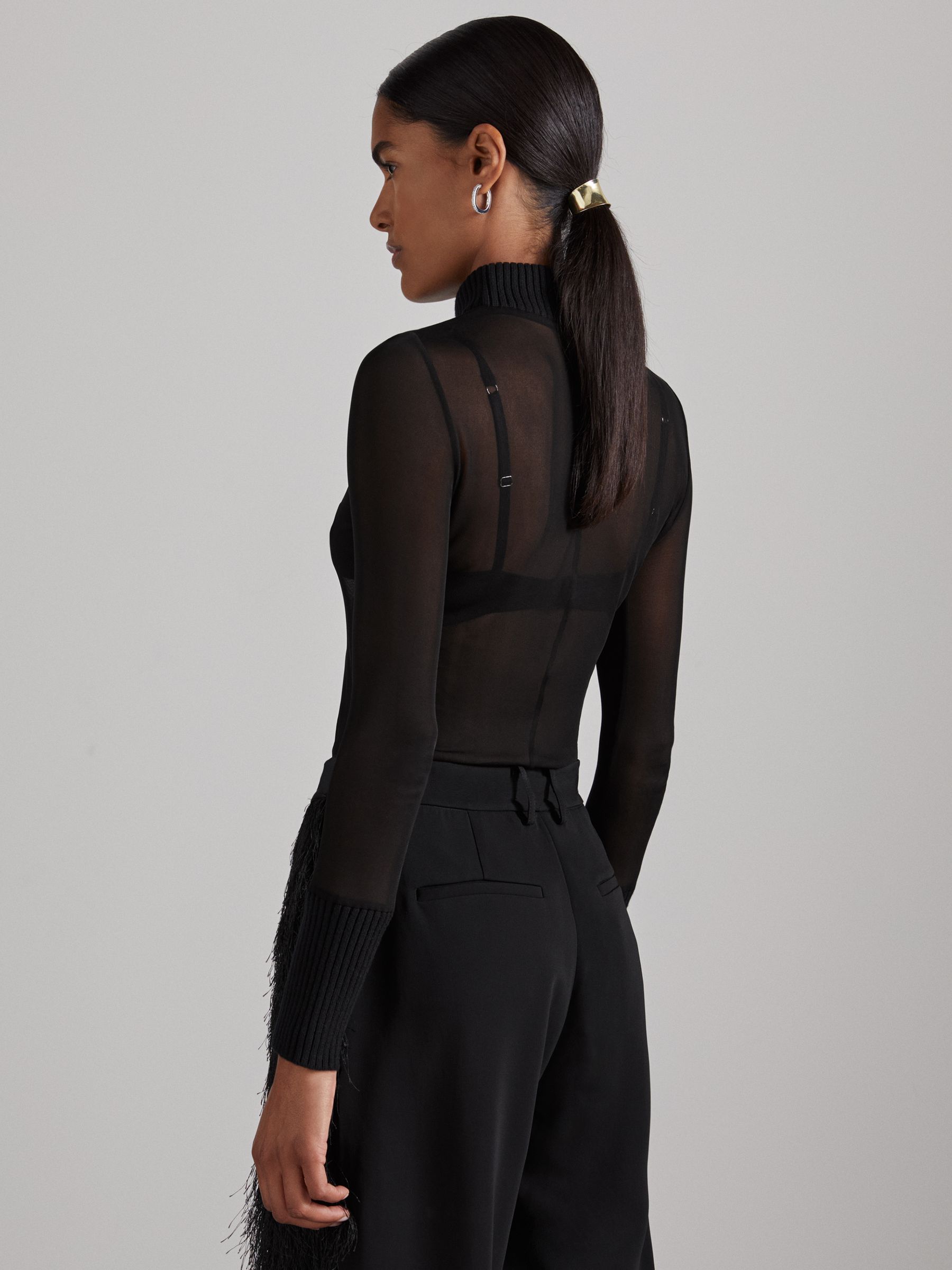 Reiss Atelier Sheer-Jersey Funnel-Neck Top in Black - REISS