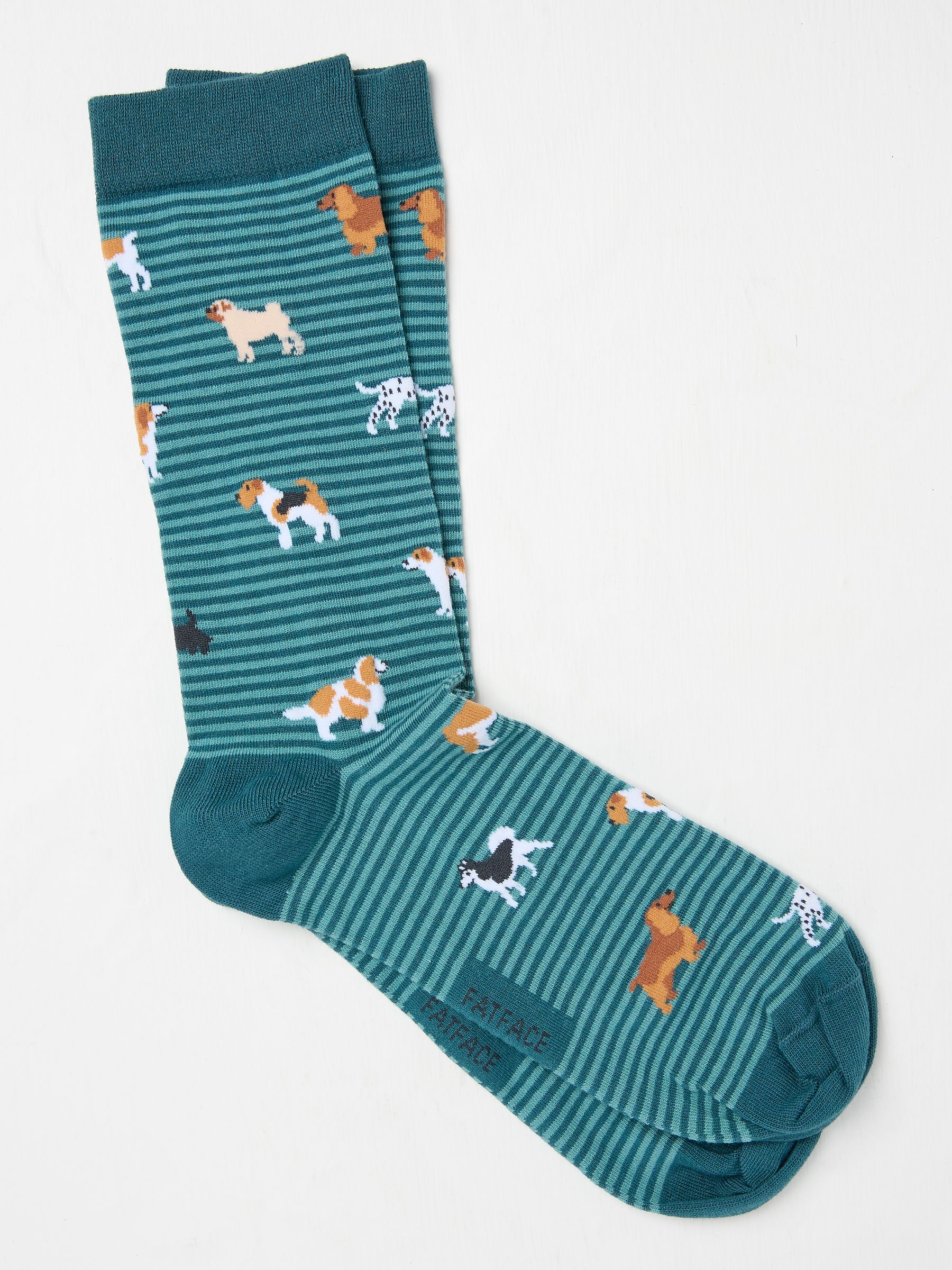 Teal Blue Dogs Striped Socks | FatFace
