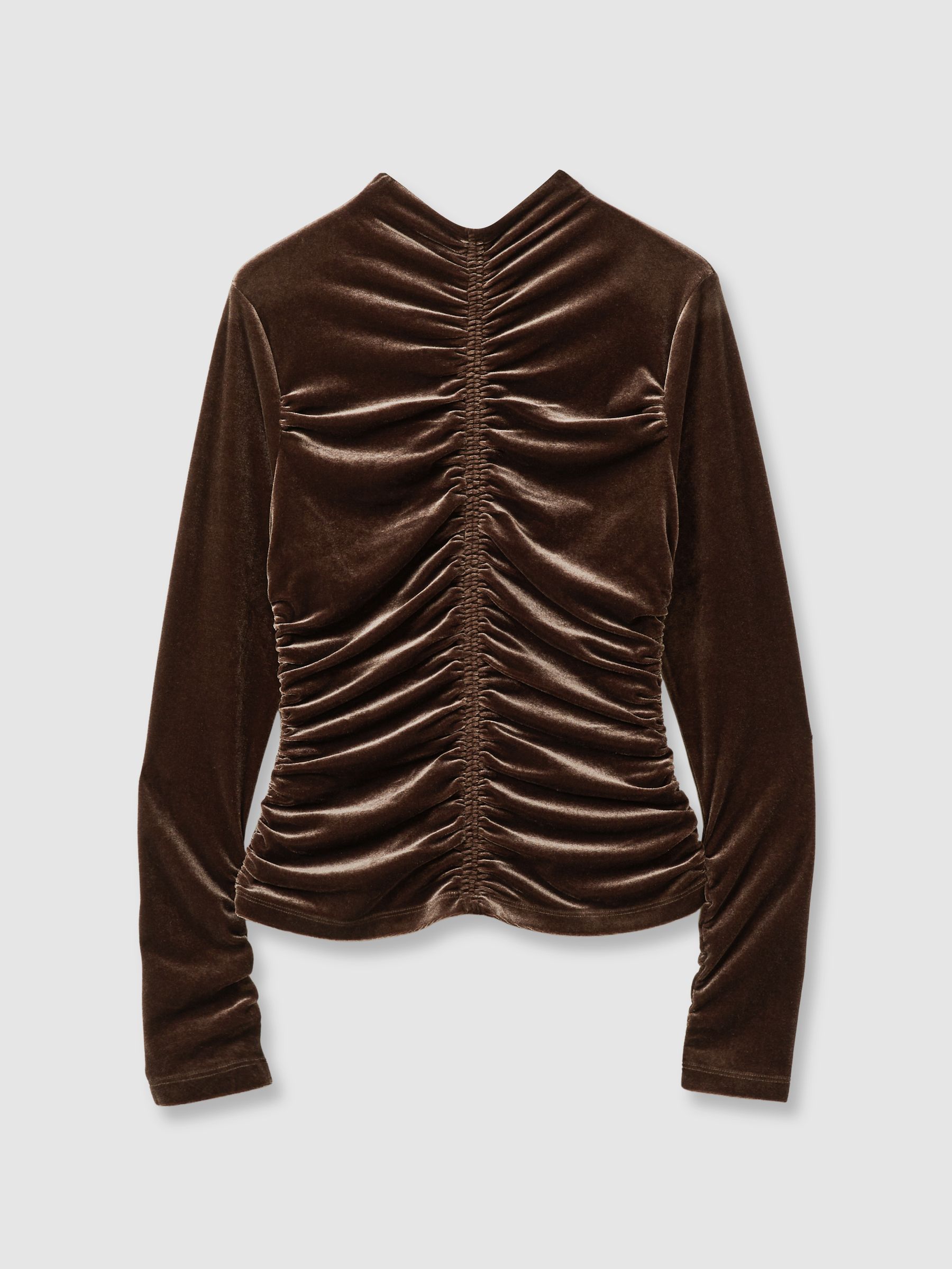Reiss Velvet Ruched Long-Sleeve Top in Chocolate - REISS