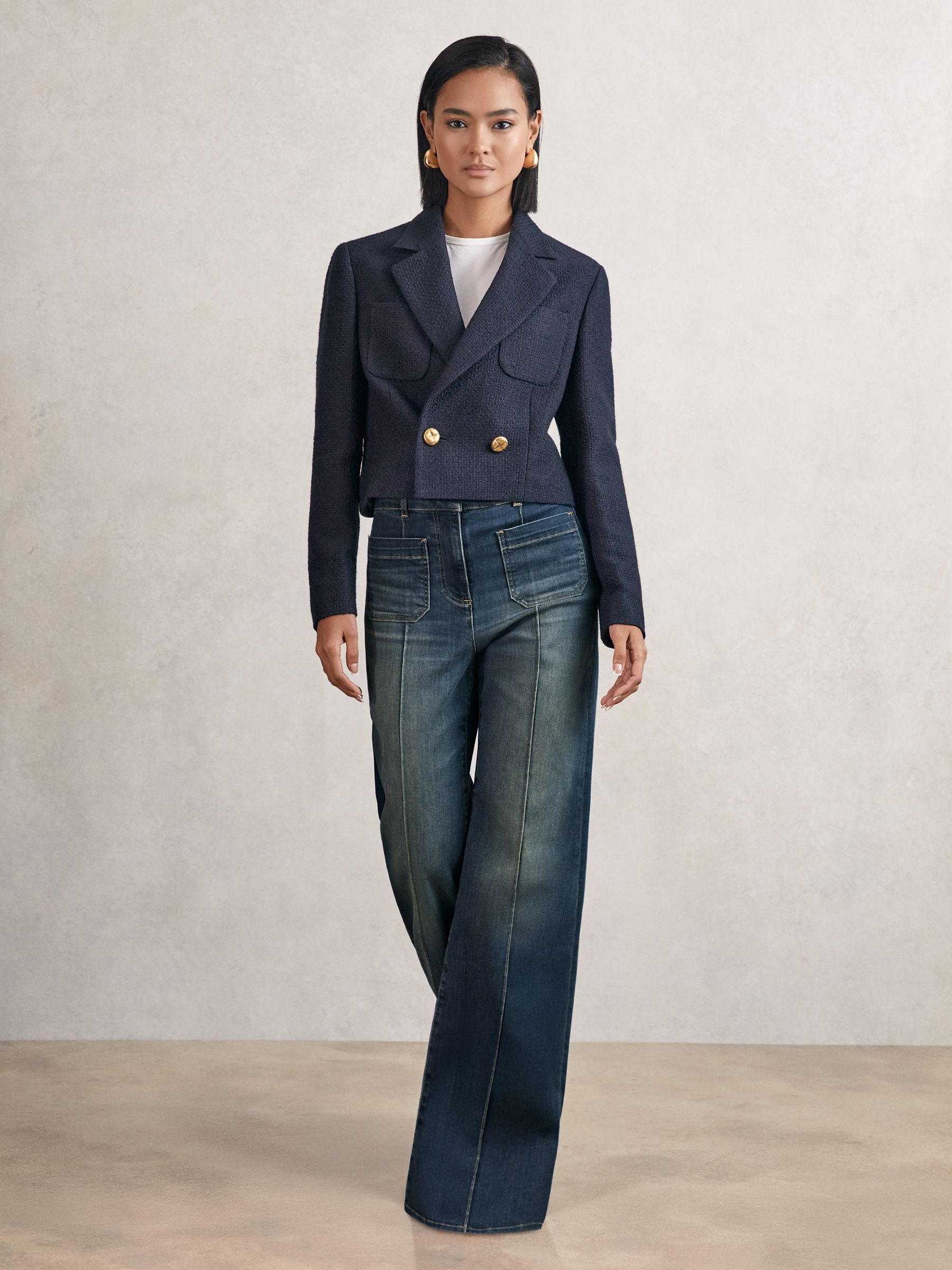 Reiss Petite Patch-Pocket Flared Jeans in Mid Blue | REISS