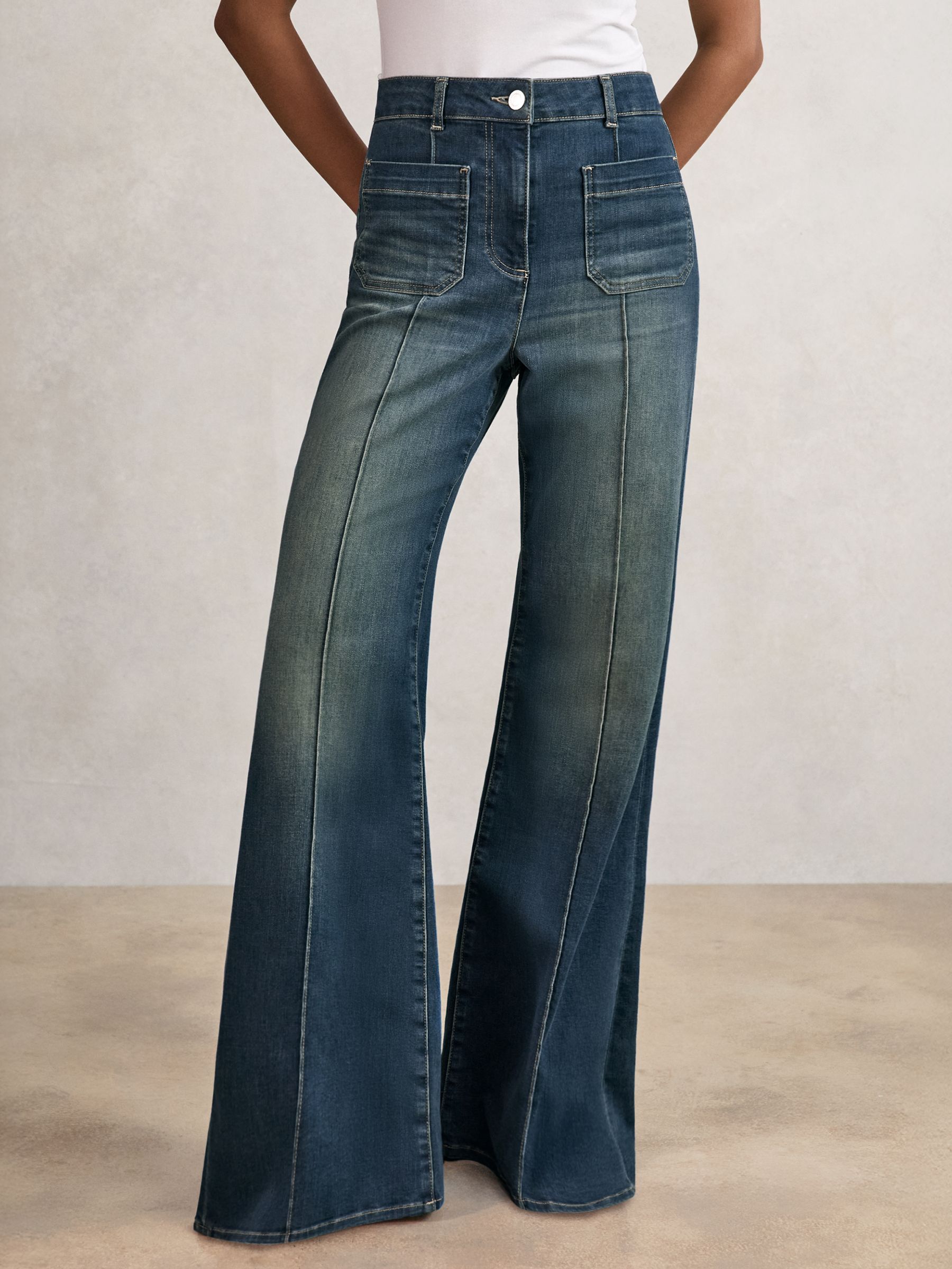 Reiss Petite Patch-Pocket Flared Jeans in Mid Blue | REISS