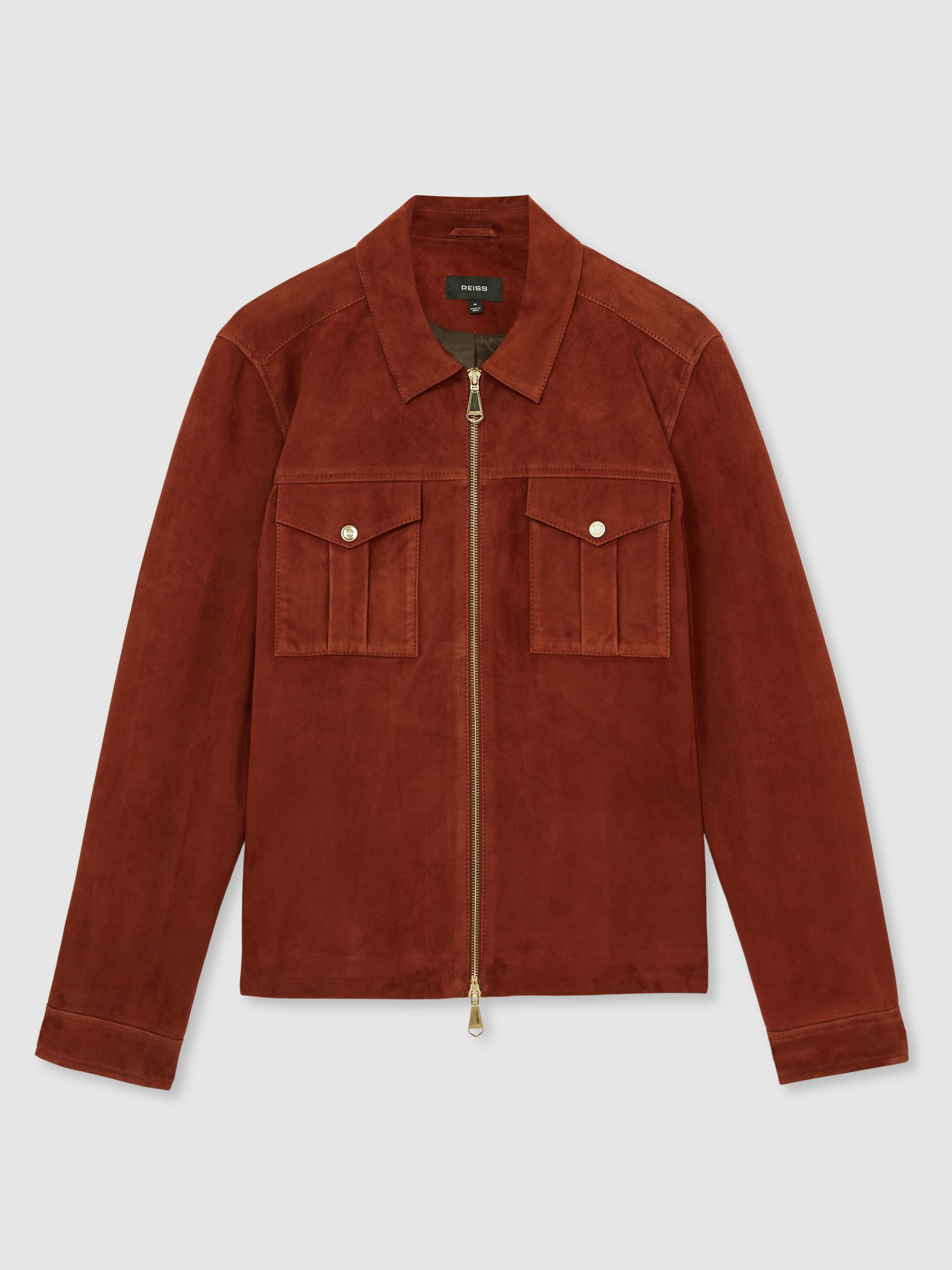 Reiss Suede Zip-Through Shirt Jacket in Burnt Red | REISS