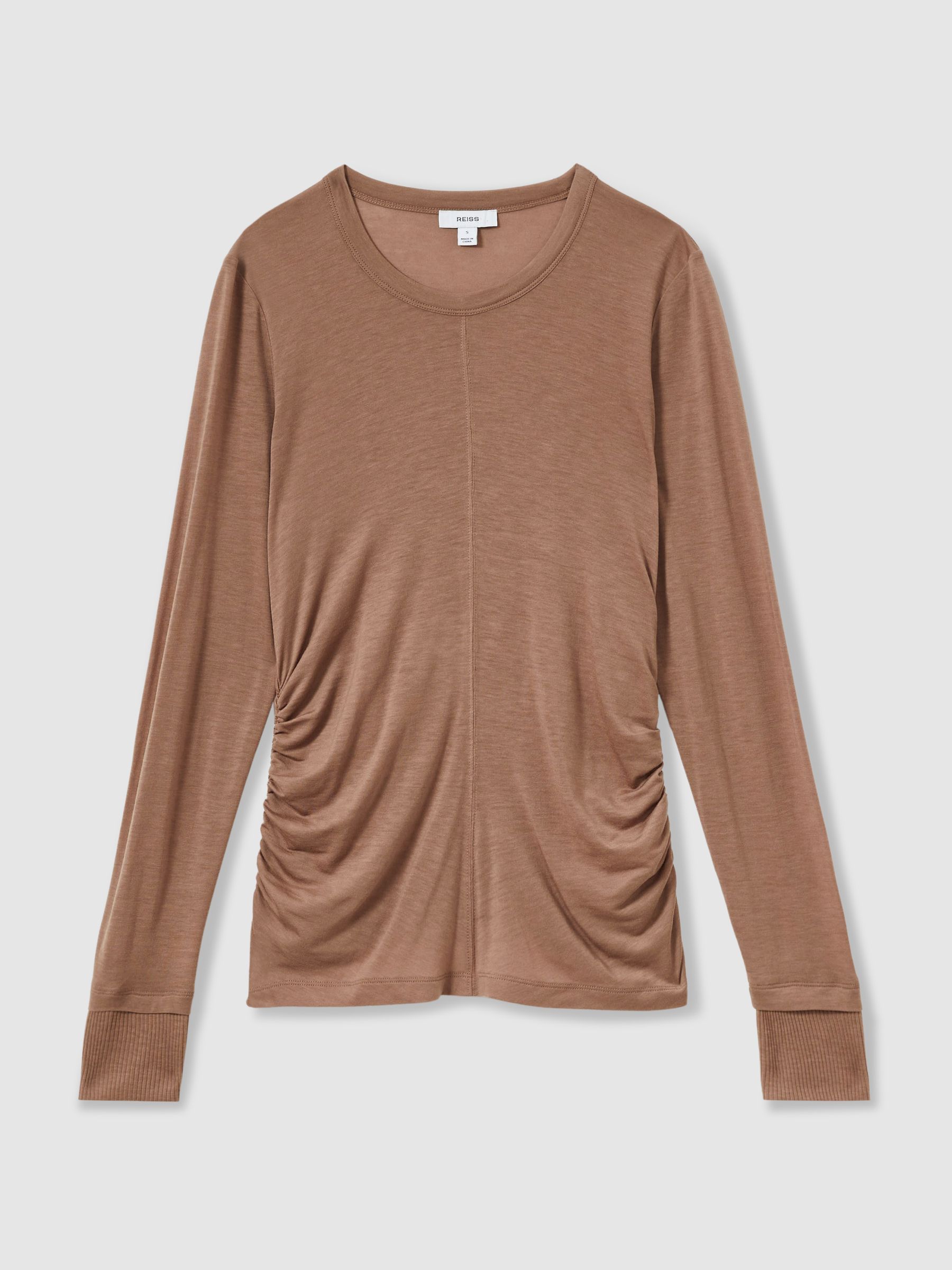 Reiss Ruched Side Crew-Neck Top in Mink - REISS