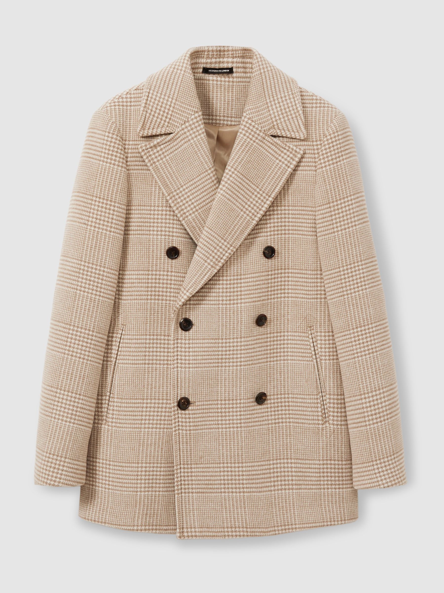 Reiss Wool Blend Double Breasted Peacoat in Oatmeal Check - REISS